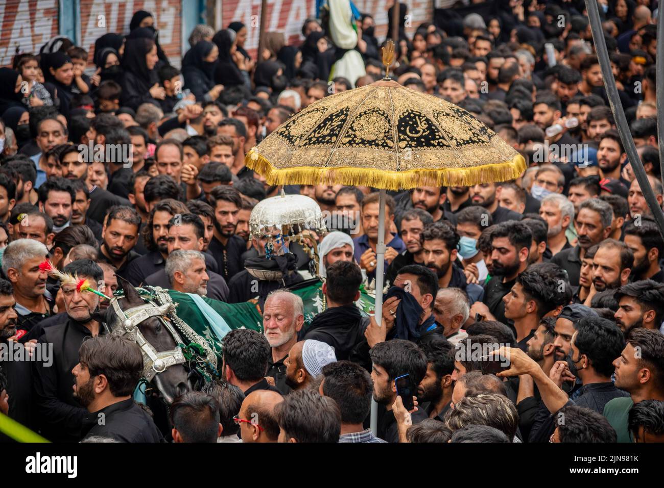 Srinagar, India. 09th Aug, 2022. Shia Muslims gathered around a Horse ...