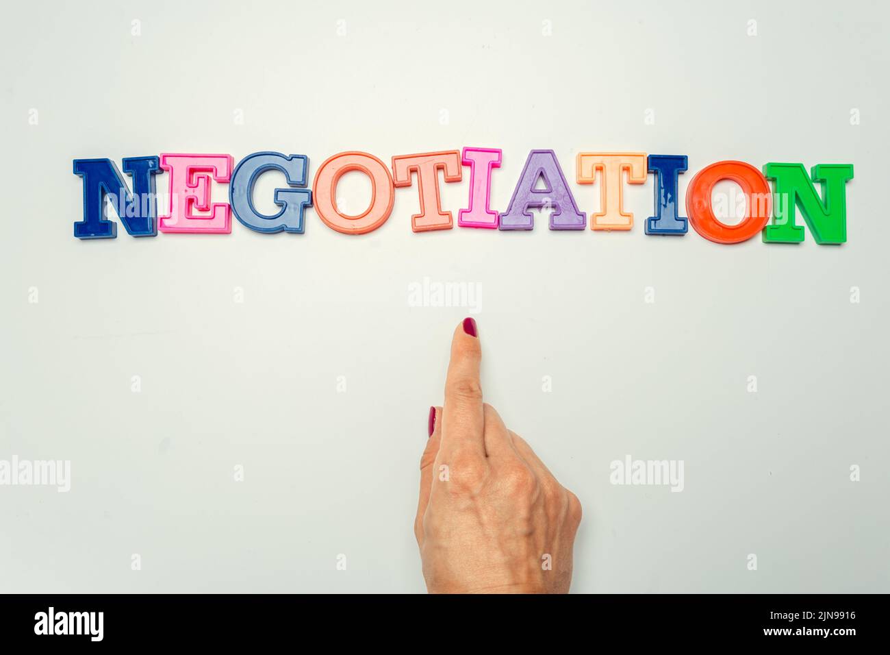 Word negotiation written in colorful plastic letters on white ...