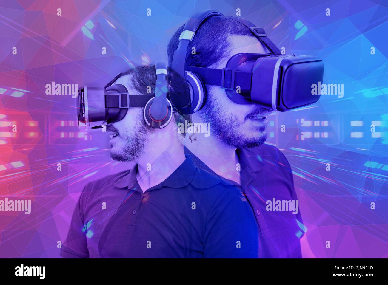 A futuristic tech edit of a Caucasian male wearing VR goggles with ...