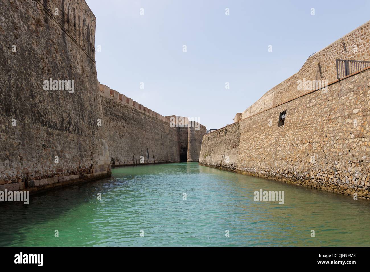 View from a tourist boat of the Royal Walls of Ceuta and its navigable ...