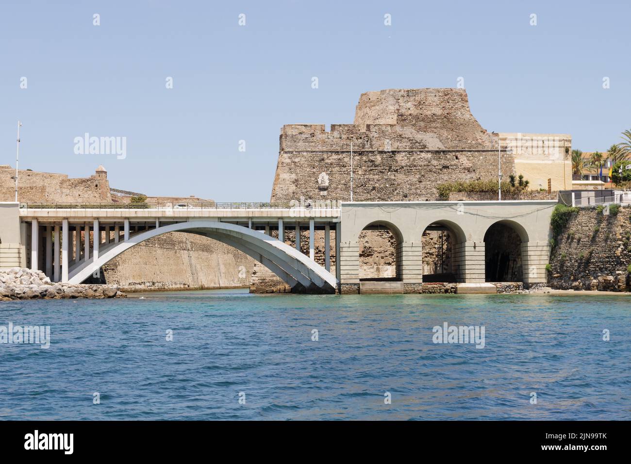View from a tourist boat of the Royal Walls of Ceuta and its navigable ...
