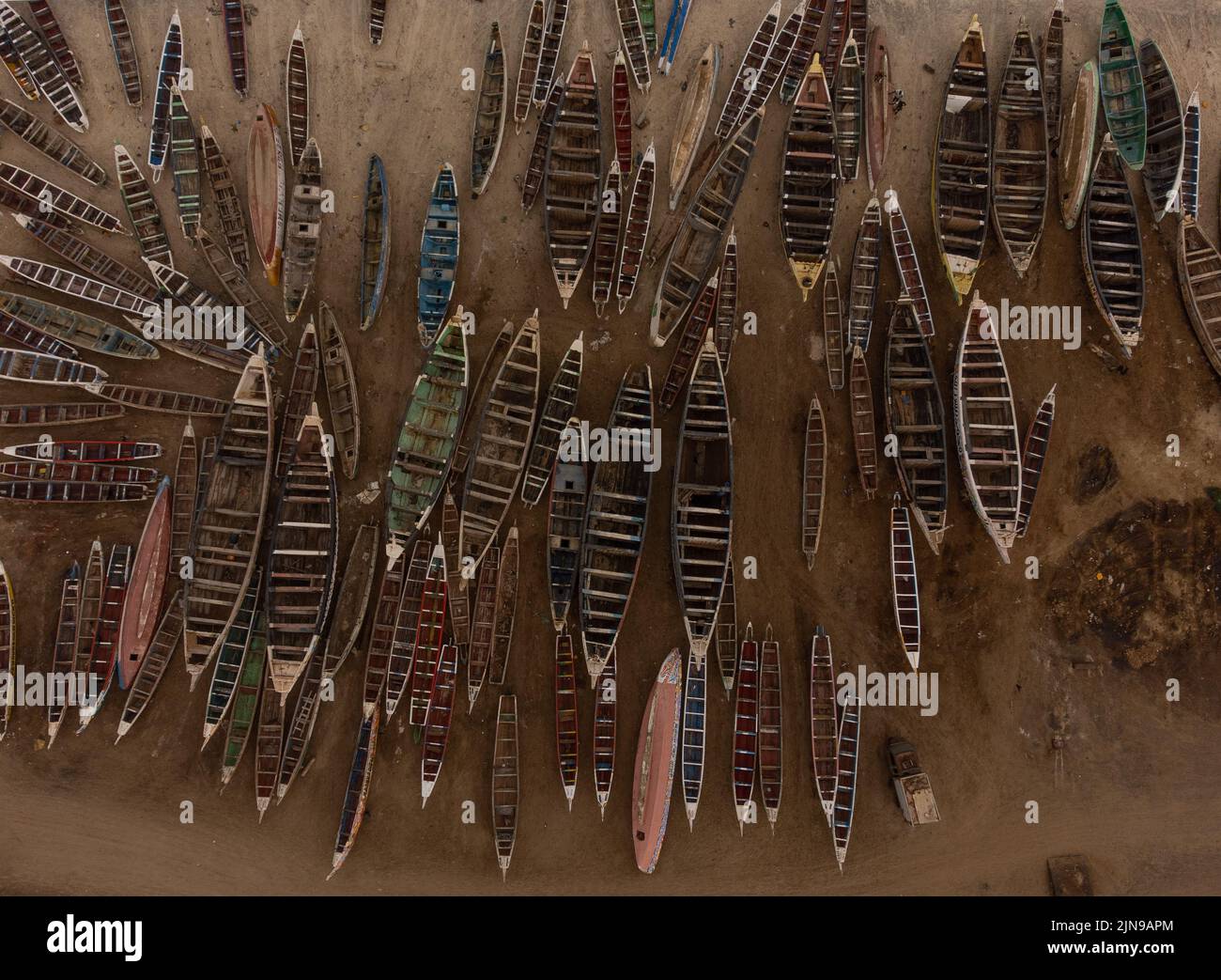 Zenith image above many fishing boats docked on the beach. Is taken in ...
