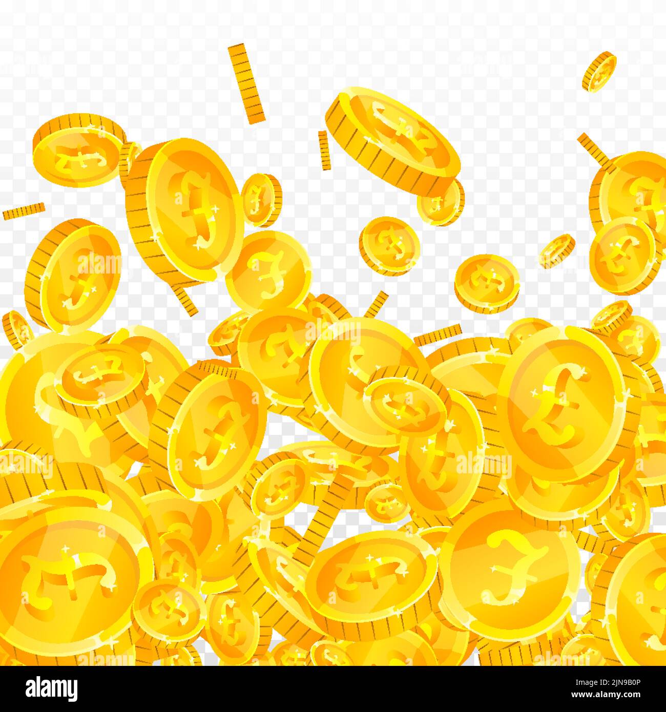 British pound coins falling. Scattered gold GBP coins. United Kingdom ...