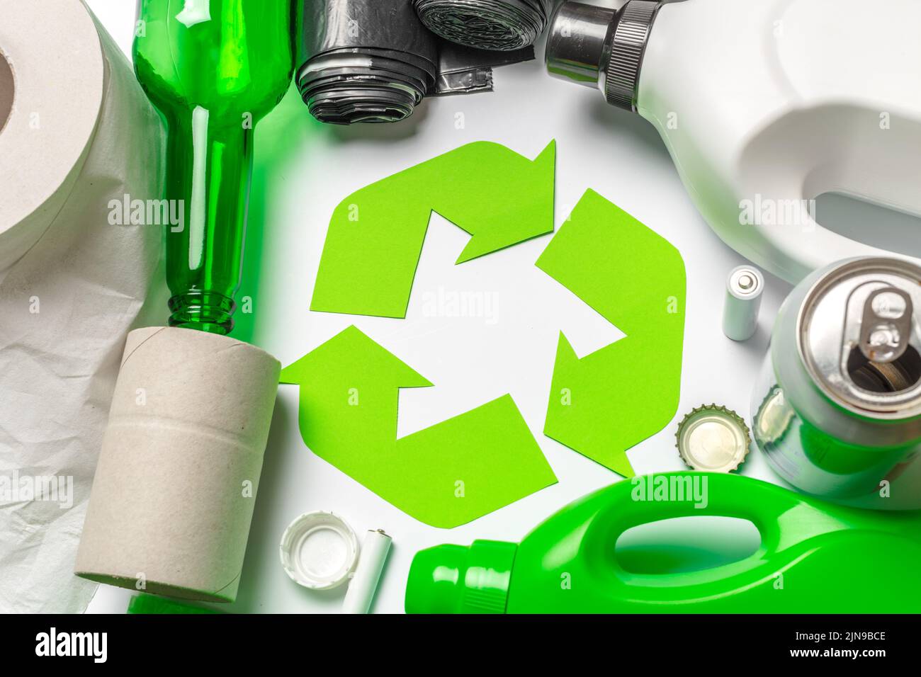 Eco concept with recycling symbol on table background top view Stock ...