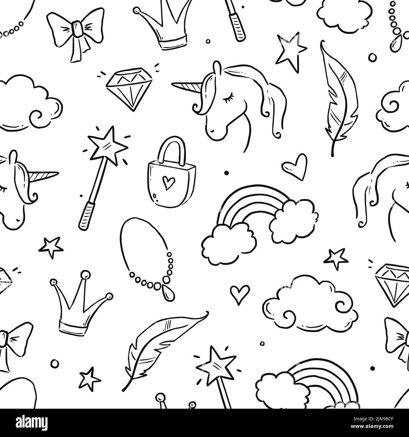Hand drawn princess doodle seamless pattern. Beauty pattern with cute ...