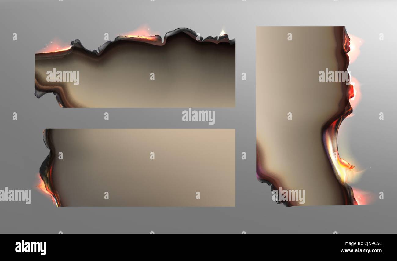 Burnt ripped sheets with scorched borders. Smoldering paper pages with ...