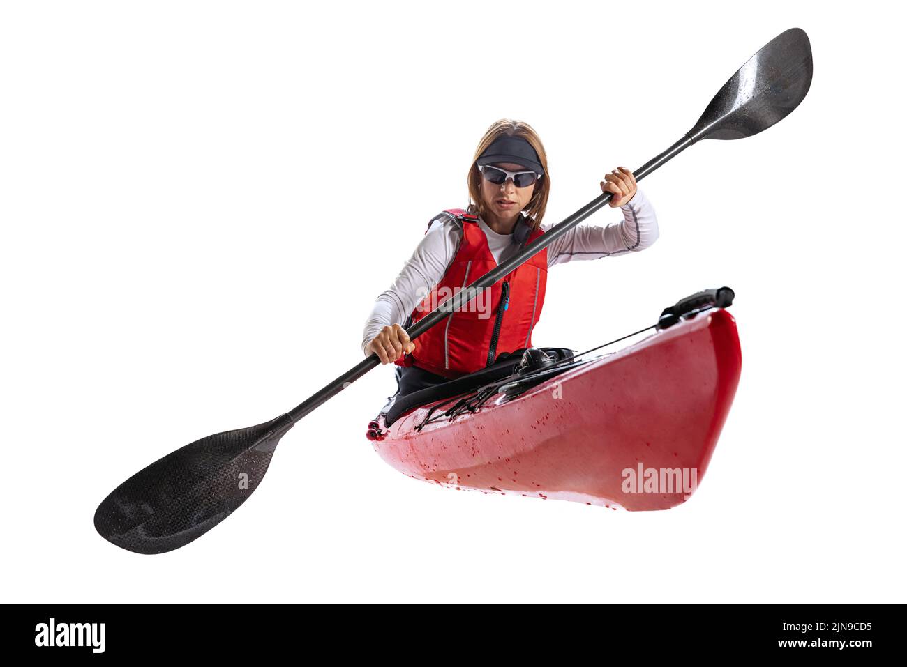 Rowing. Young woman, sportsman in red canoe, kayak with a life vest and ...