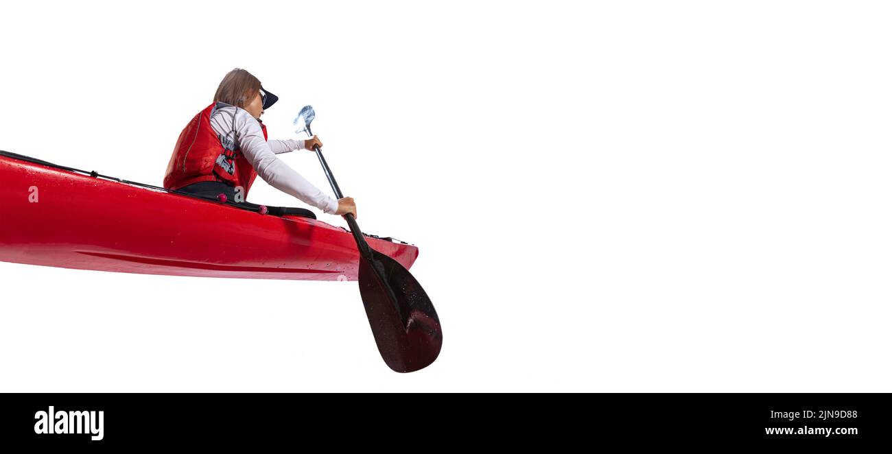 Flyer. Young female sportsman in red canoe, kayak with a life vest and ...
