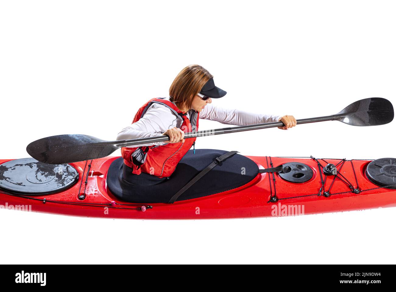 Water sport activities. Athlete in red canoe, kayak with a life vest ...