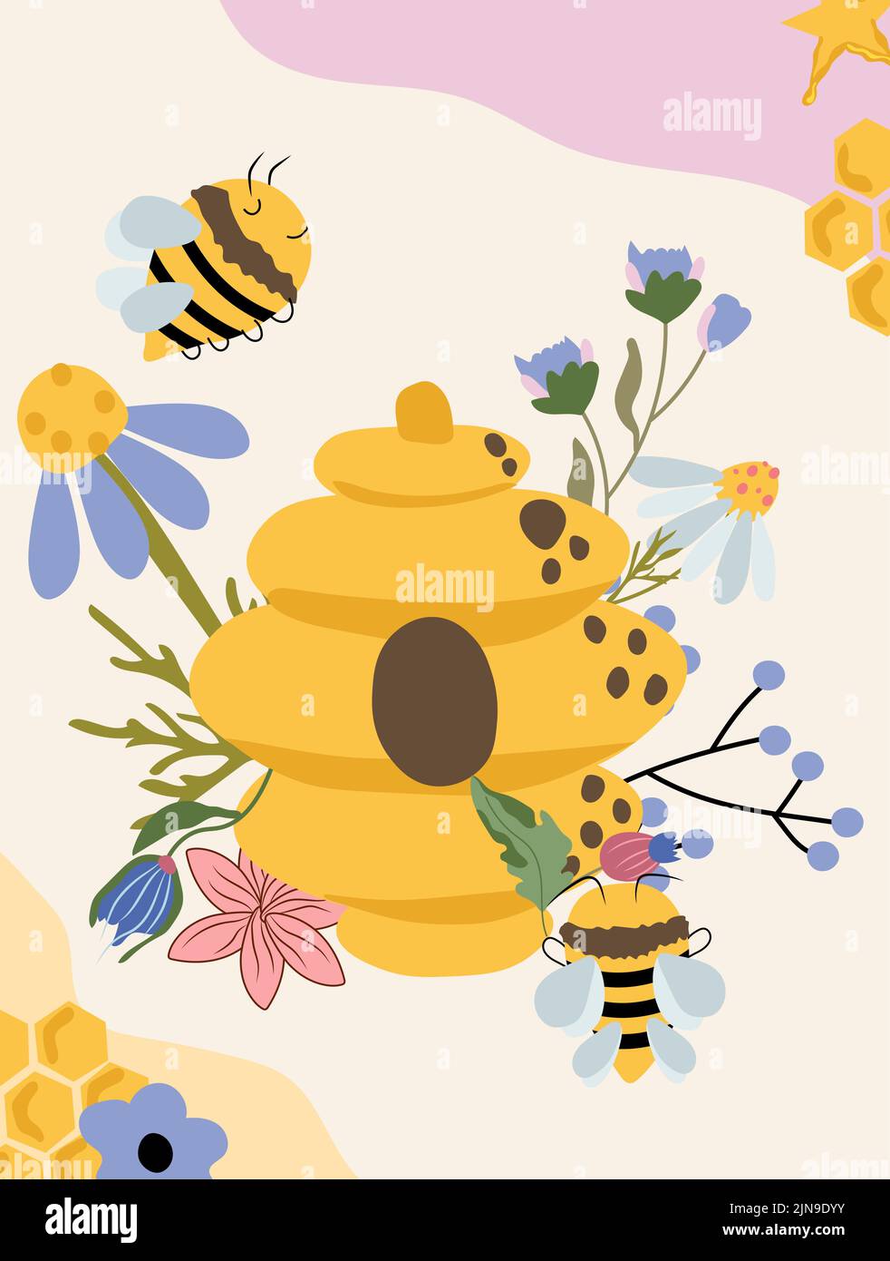 A cute composition with a beehive, honey bees and wildflowers ...