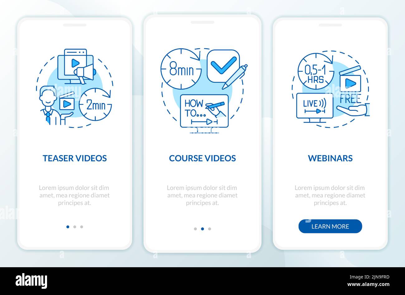 Online tutorials types blue onboarding mobile app screen Stock Vector ...