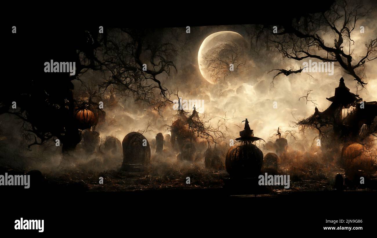 3D illustration of a Halloween concept dark background of a castle and ...