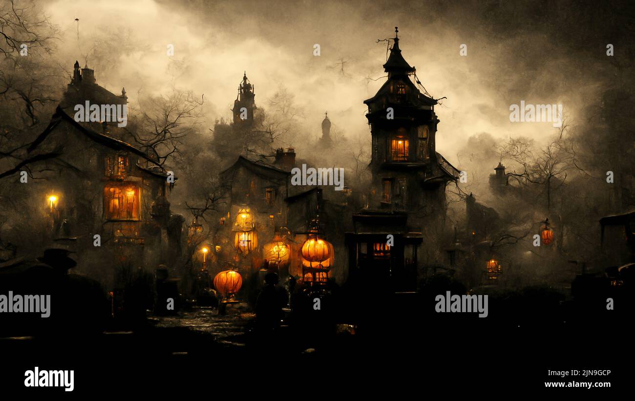 3D illustration of a Halloween concept dark background of a castle and ...