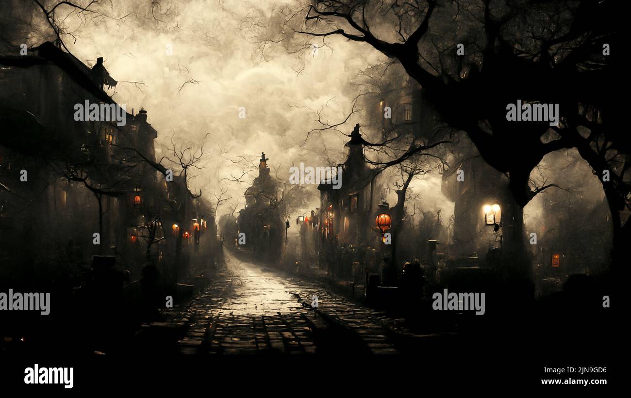 3D illustration of a Halloween concept dark background of a castle and ...