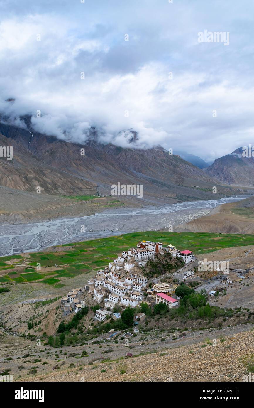 A vertical shot of Kee monastery on top of a hill in Spiti valley ...