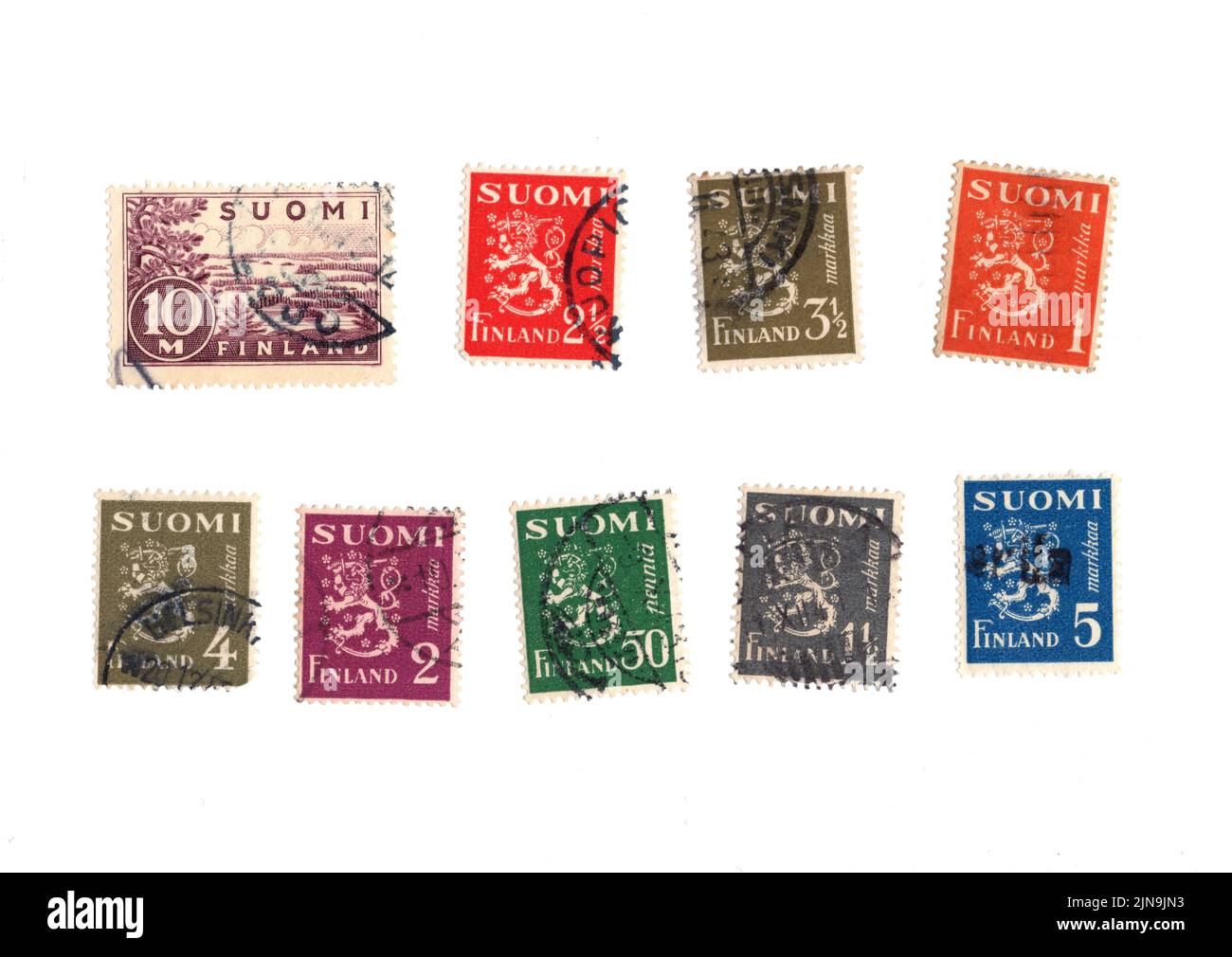 A selection of old postage stamps from Brazil on a white background ...