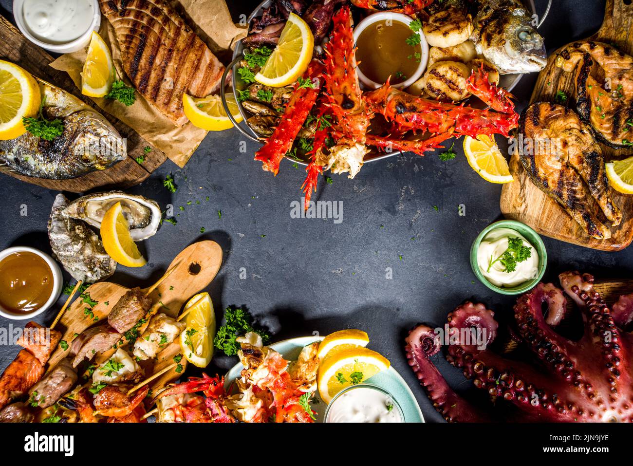 Assortment various barbecue Mediterranean grill food - fish, octopus ...