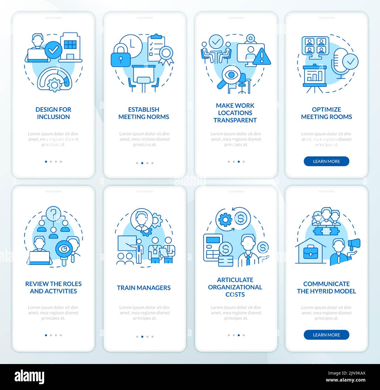 Hybrid Workplace Blue Onboarding Mobile App Screen Set Stock Vector