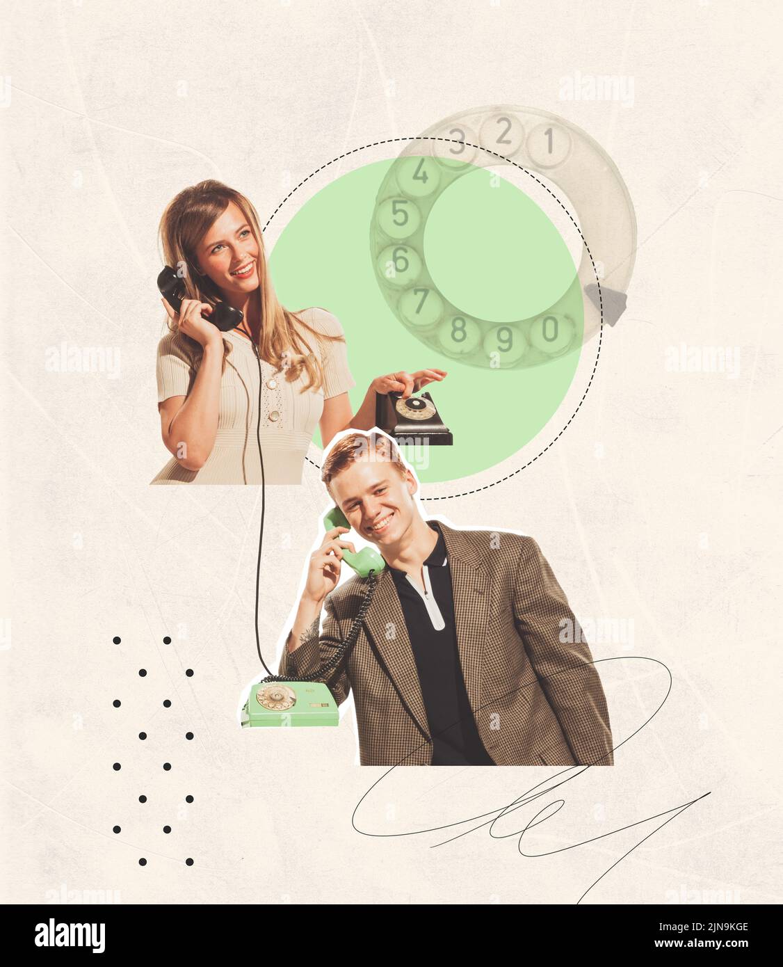 Contemporary art collage. Two cheerful people, young man and woman ...