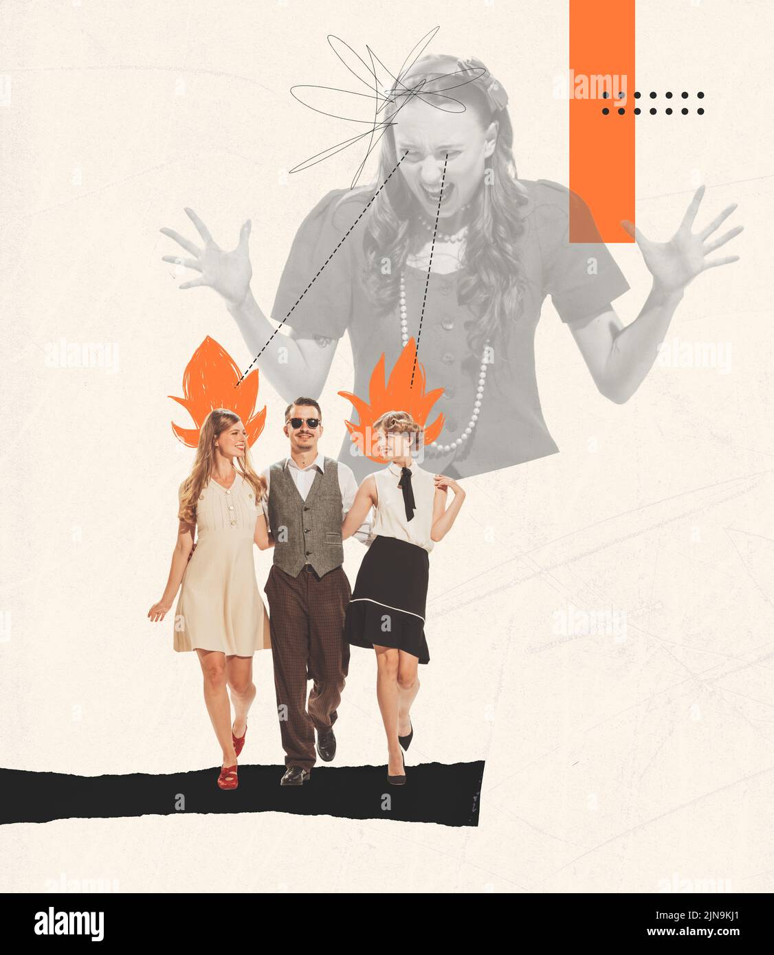 Contemporary art collage. Young man walking with two beautiful women ...