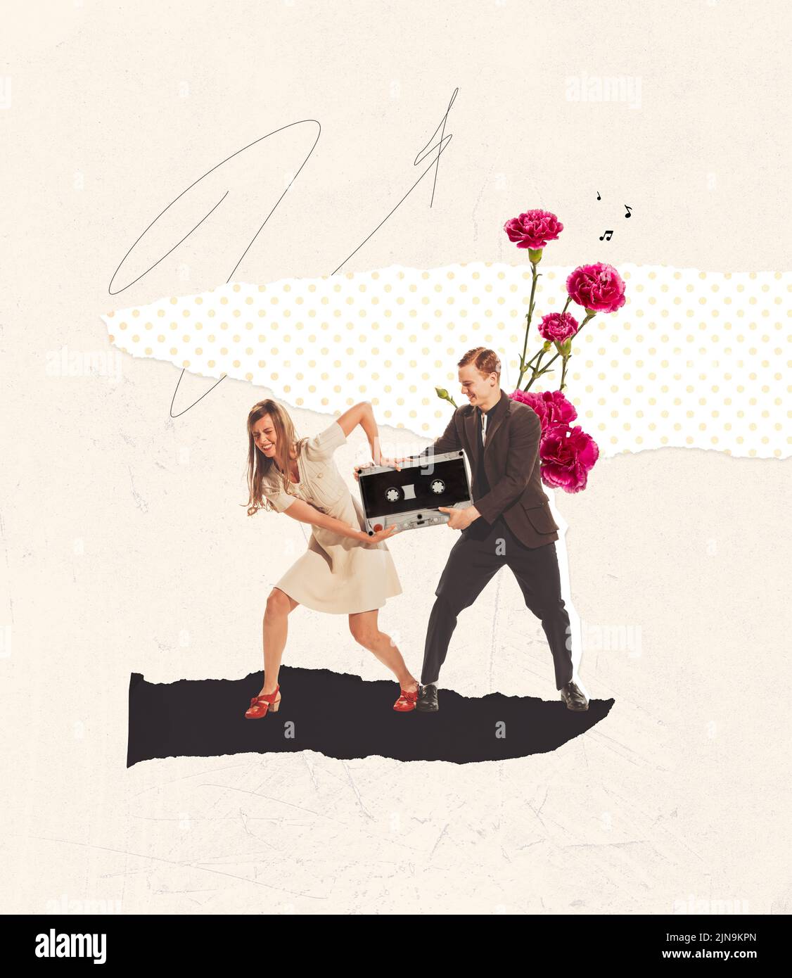 Contemporary art collage. Two young stylish people, man and woman ...