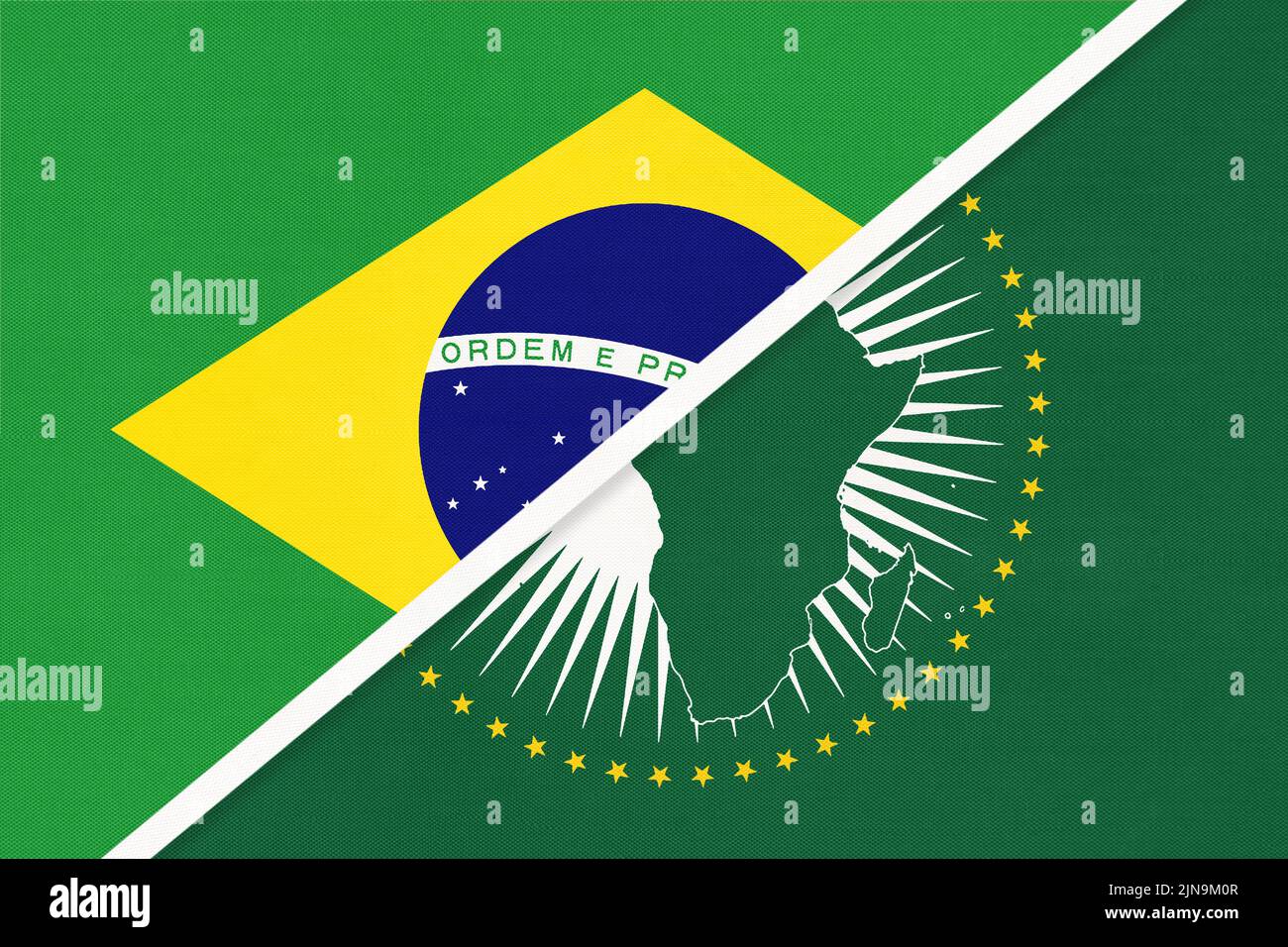 African Union and Brazil, national flag from textile. Africa continent ...