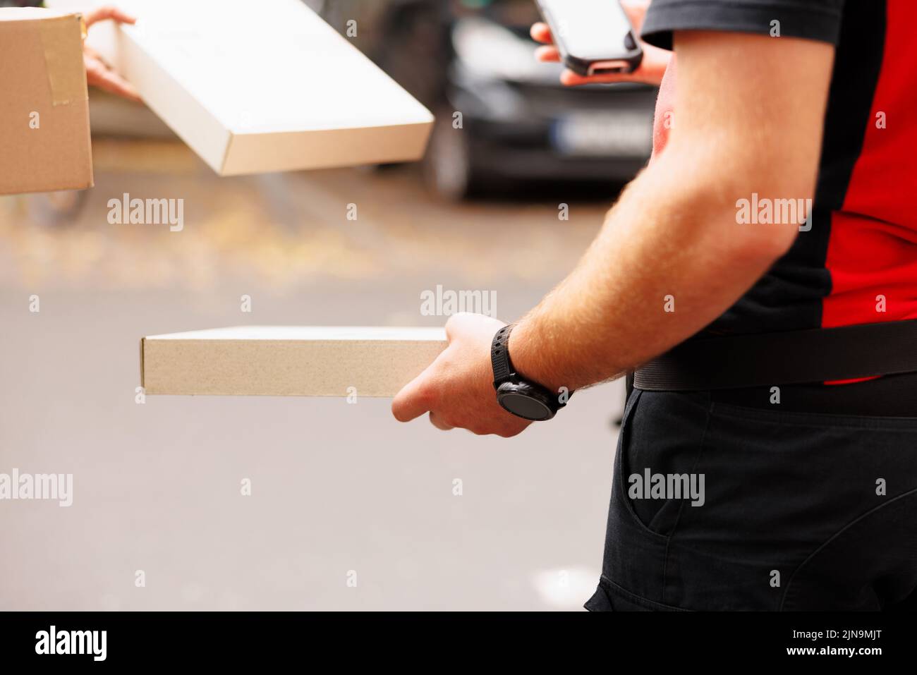 Home delivery service and working service mind. Woman customer hand ...