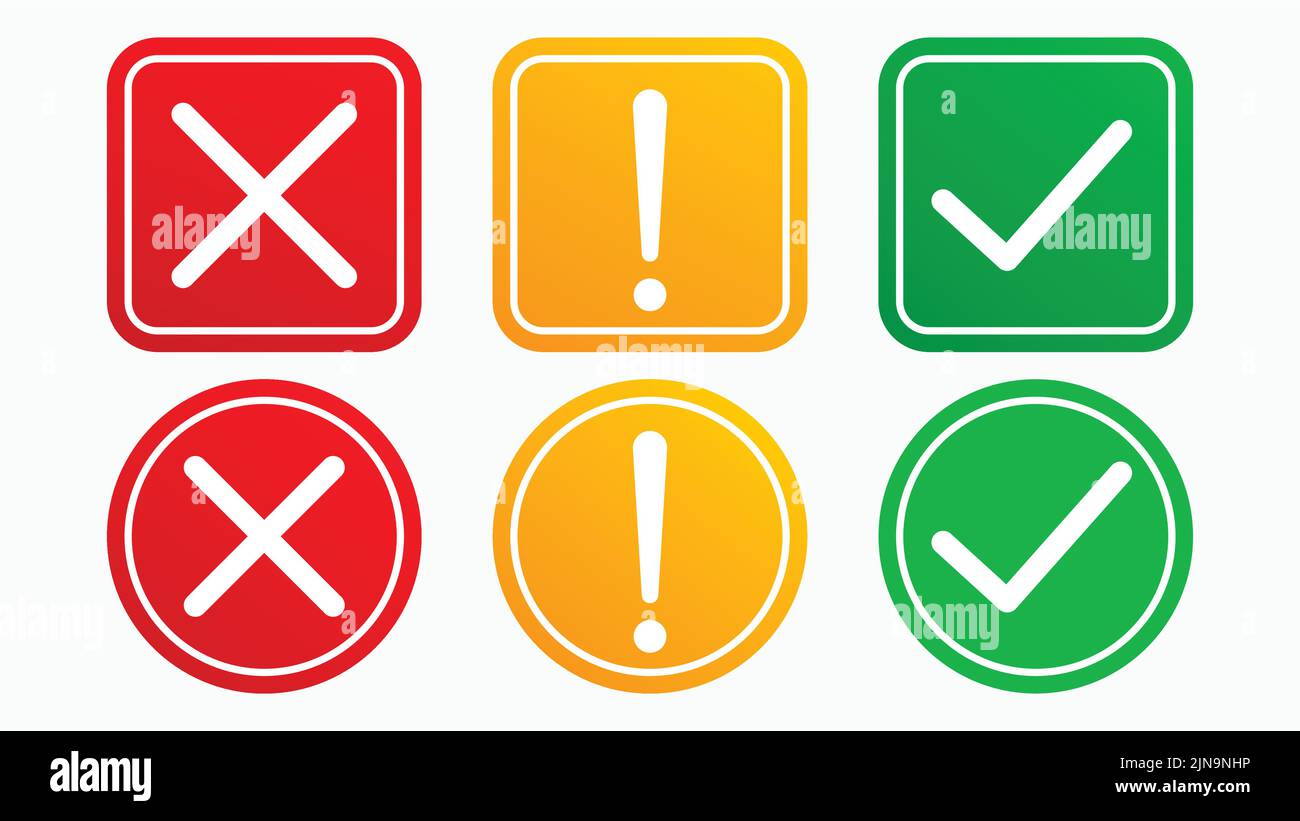 Set of flat round check mark, exclamation point, X mark icons, buttons on a isolated background ...