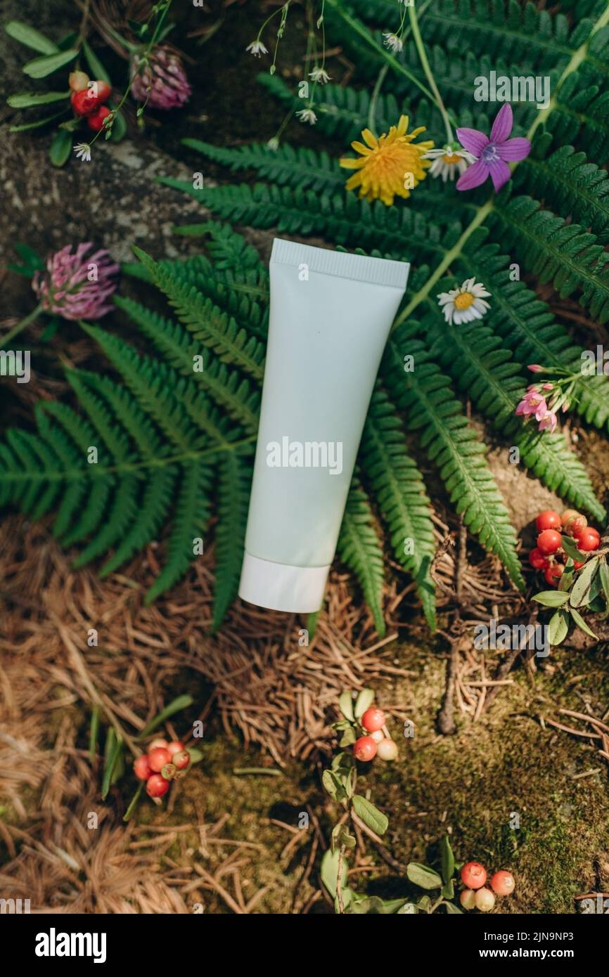 Mockup of a tube for cream on a natural background in the forest, an ...