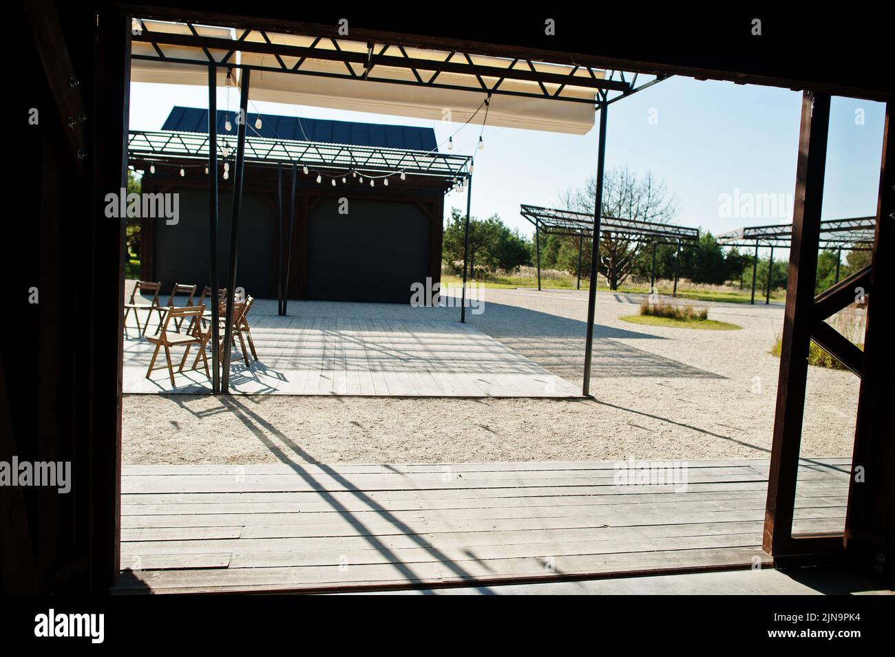 Empty hall veranda in wooden village vacation home Stock Photo - Alamy