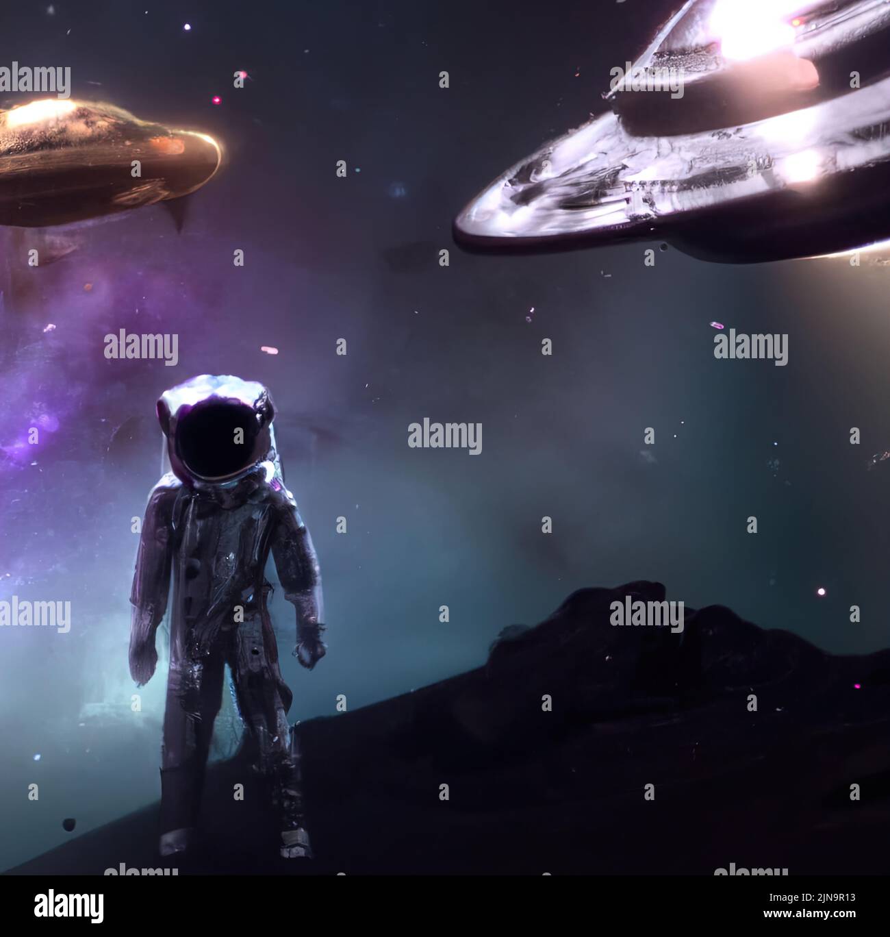Astronaut in spacesuit in outer space and flying ufo around him ...