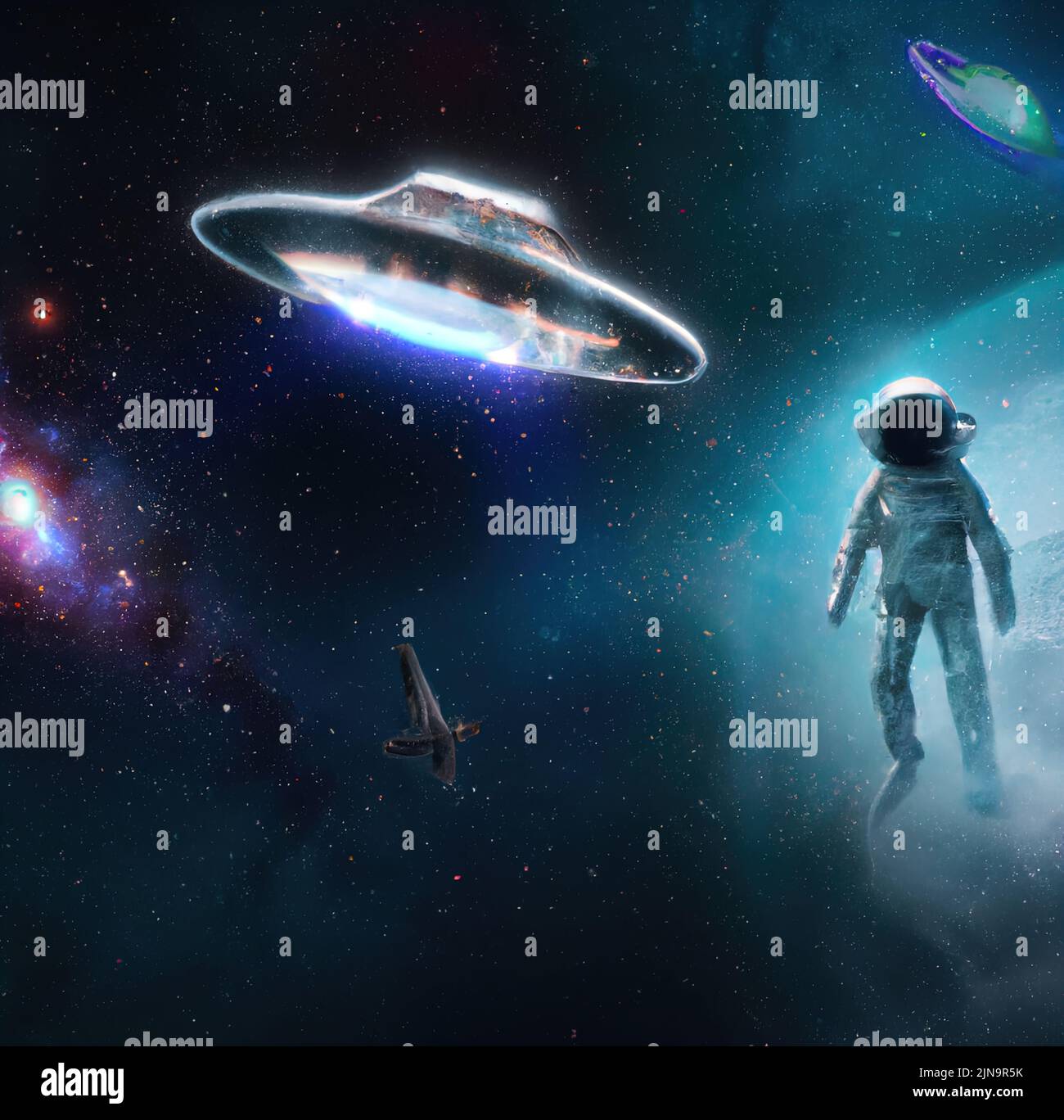 Astronaut in spacesuit in outer space and flying ufo around him ...