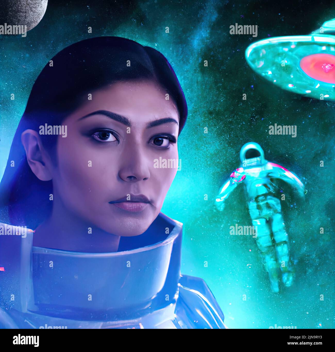 Astronaut in spacesuit in outer space and flying ufo around him ...