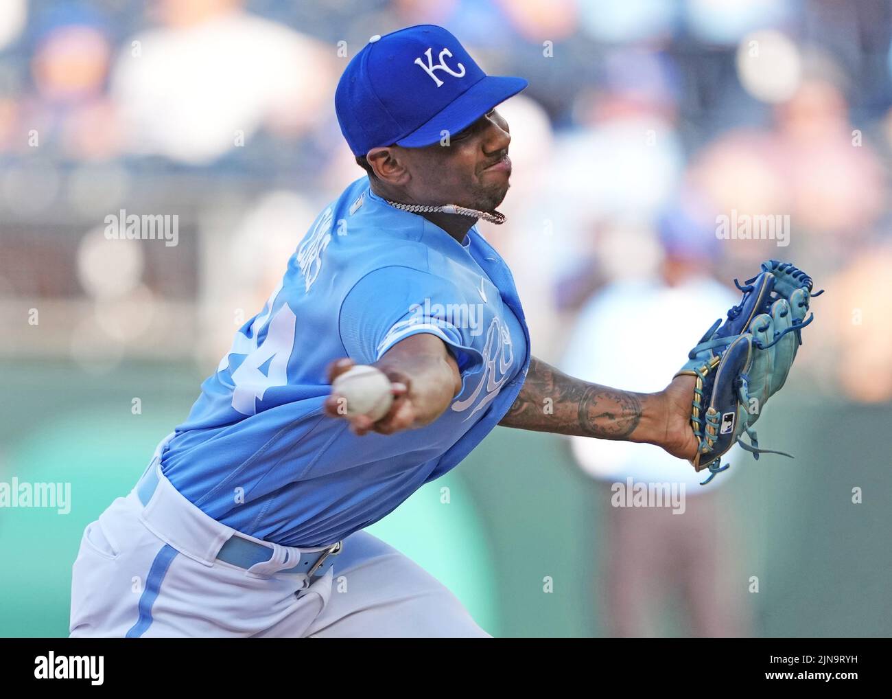 AUG 09, 2022: Jose Cuas delivers a pitch at Kauffman Stadium Kansas ...
