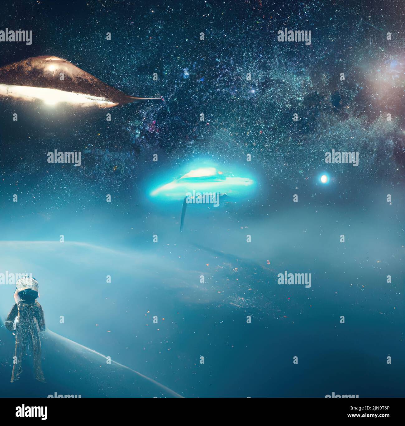 Astronaut in spacesuit in outer space and flying ufo around him ...