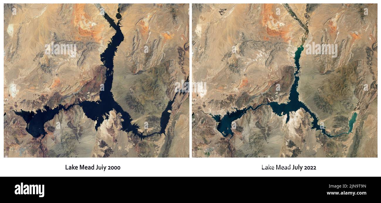 Side by side images of Lake Mead Arizona taken 22 years apart. Left ...