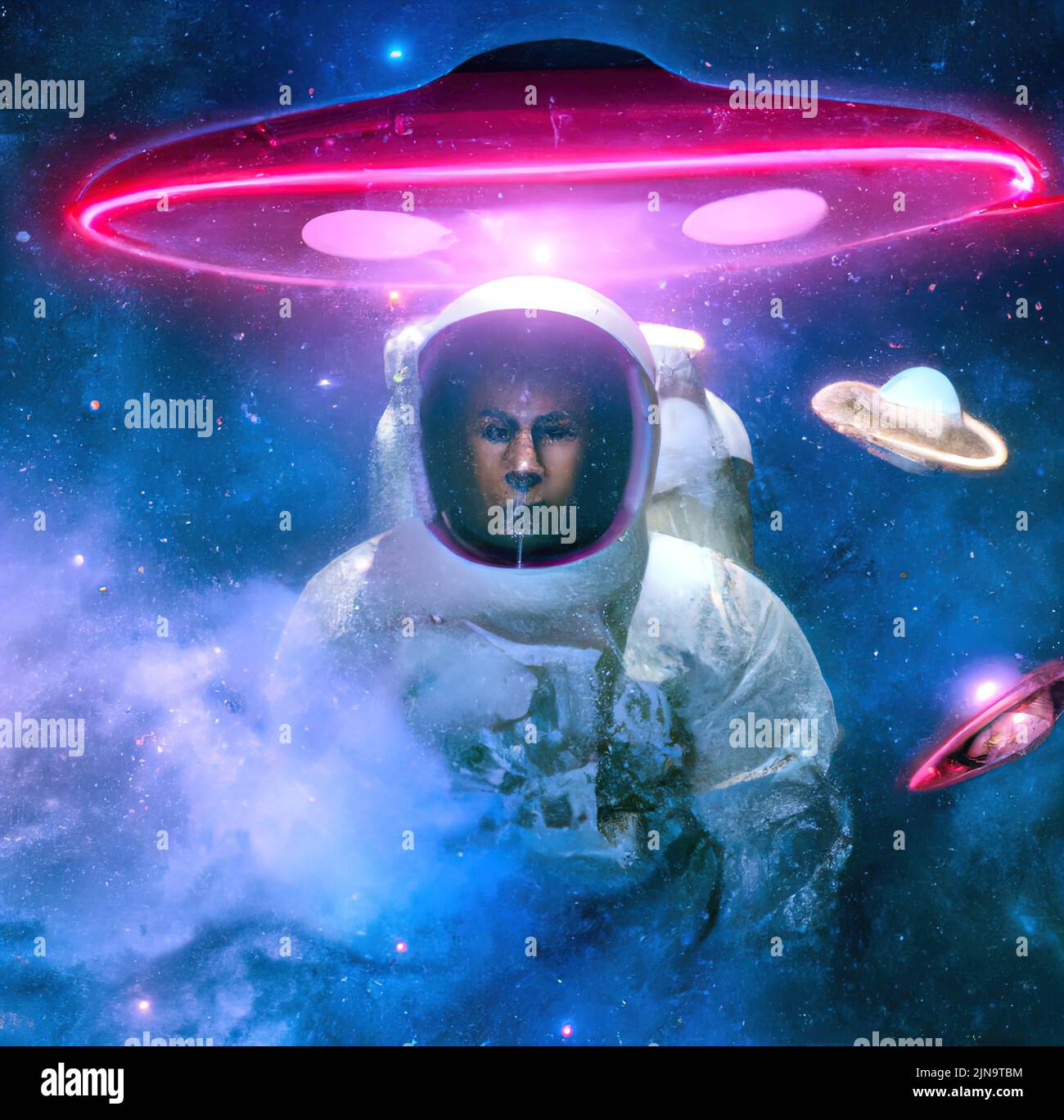 Astronaut in spacesuit in outer space and flying ufo around him ...