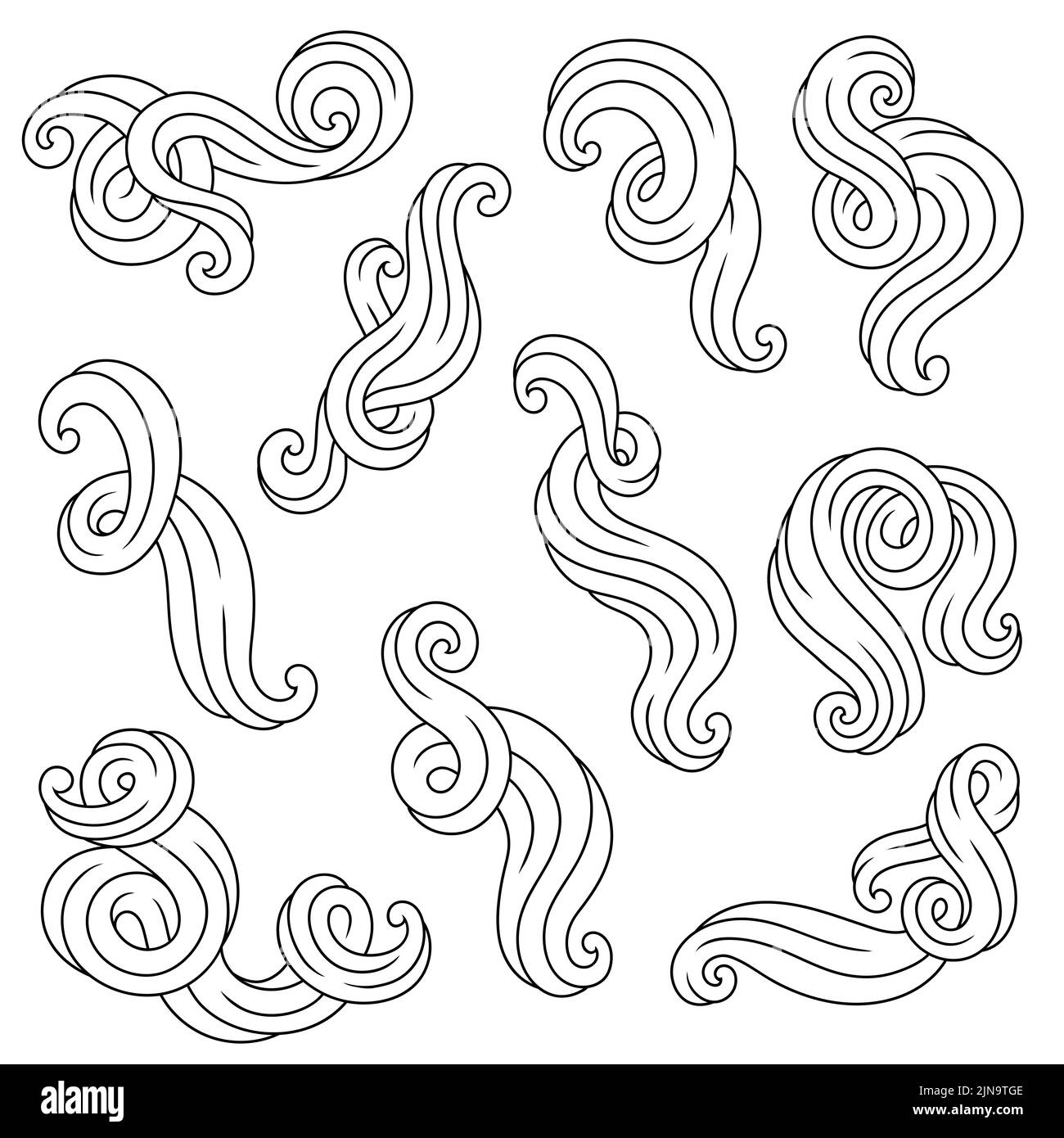 Set of wave line curls. Monochrome stripes black and white texture ...
