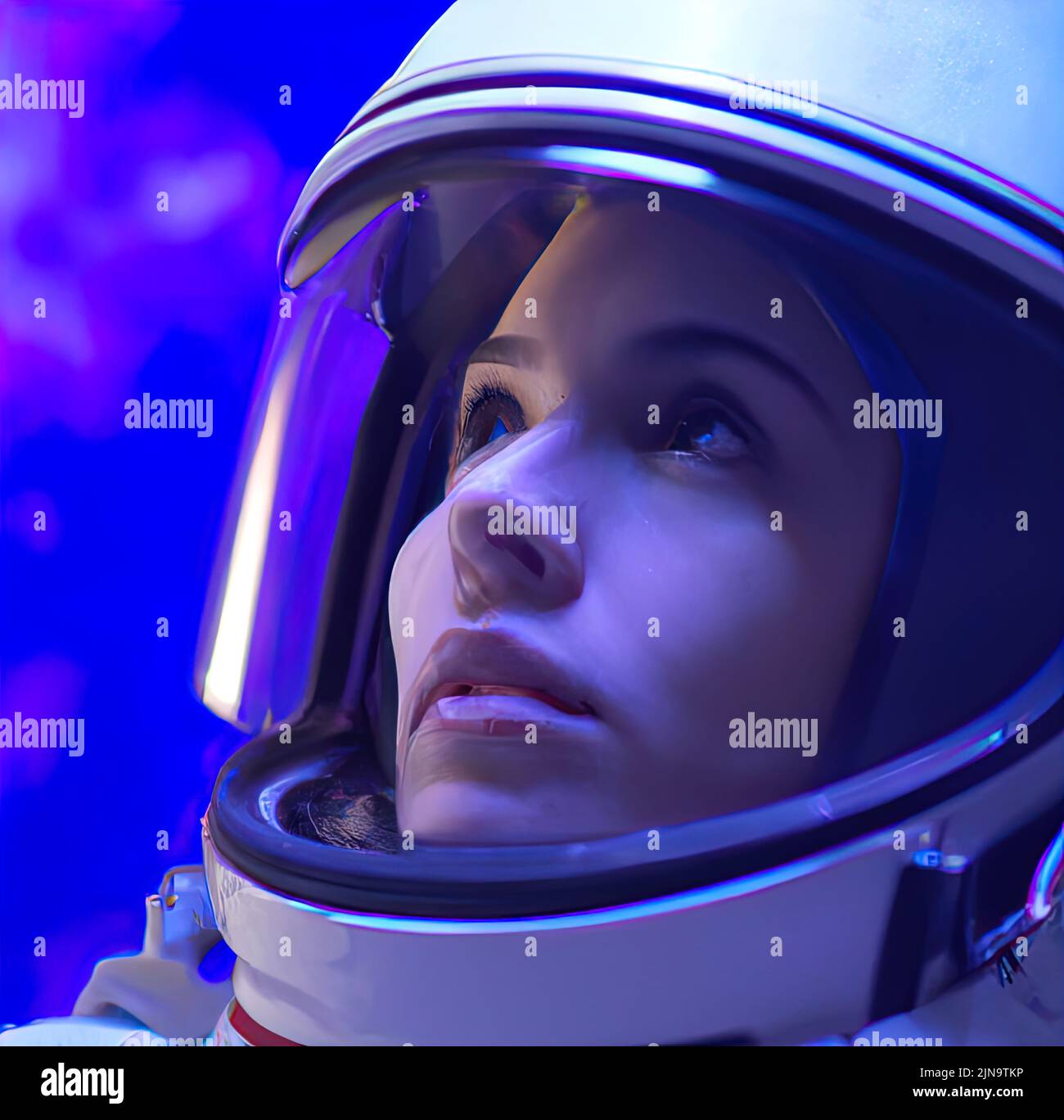 Astronaut in spacesuit in outer space and flying ufo around him ...