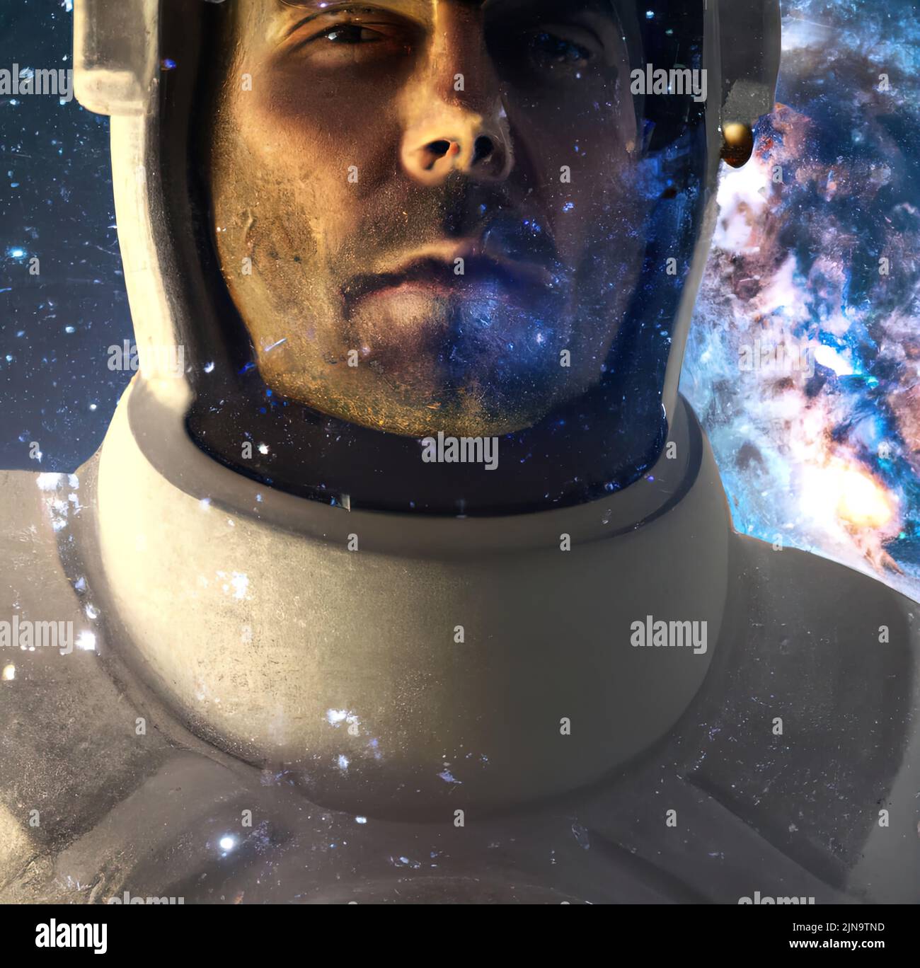 Astronaut in spacesuit in outer space and flying ufo around him ...