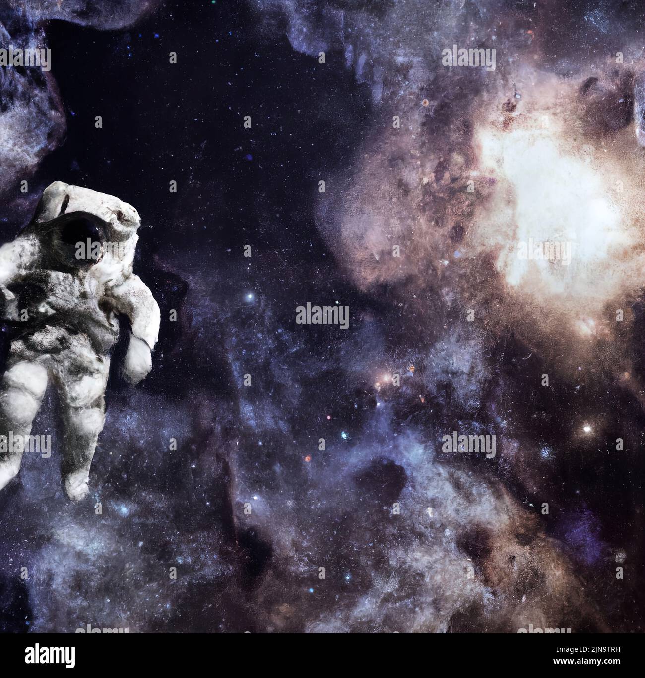 Astronaut in spacesuit in outer space and flying ufo around him ...