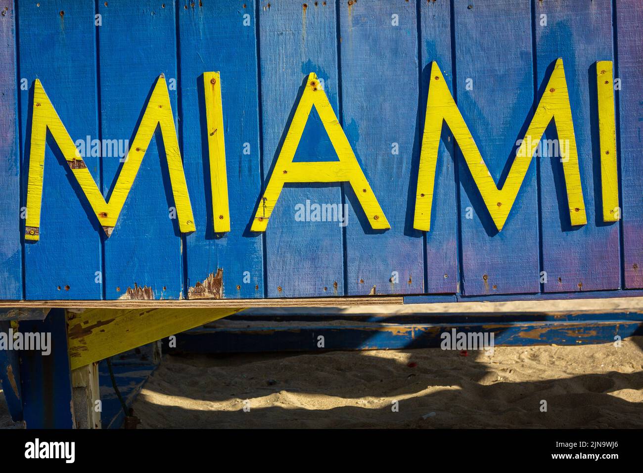 Miami Beach sign on wood lifeguard hut, South Beach, Florida Stock ...