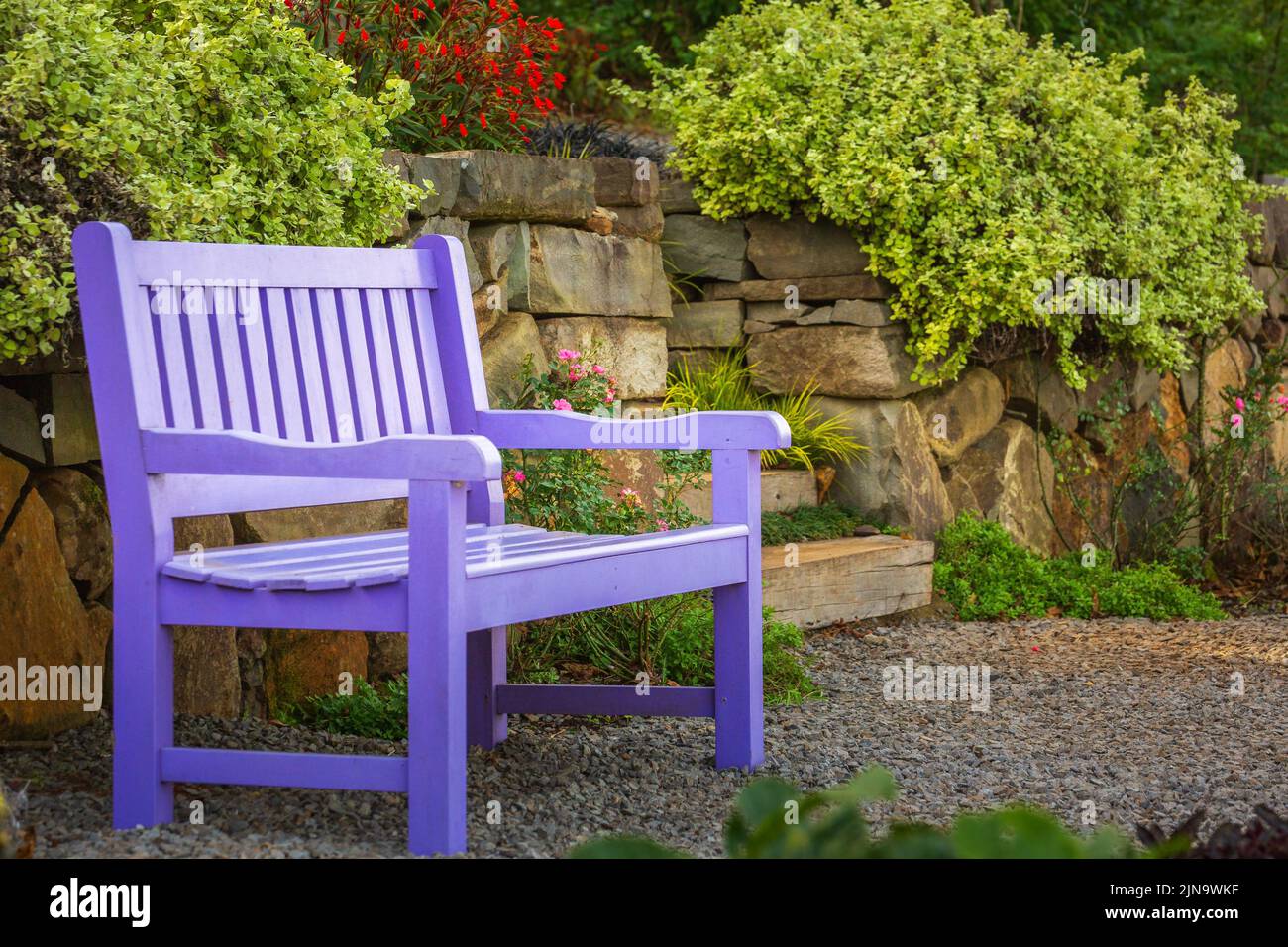 Idyllic corner with seat bench in Gramado garden, Southern Brazil Stock ...