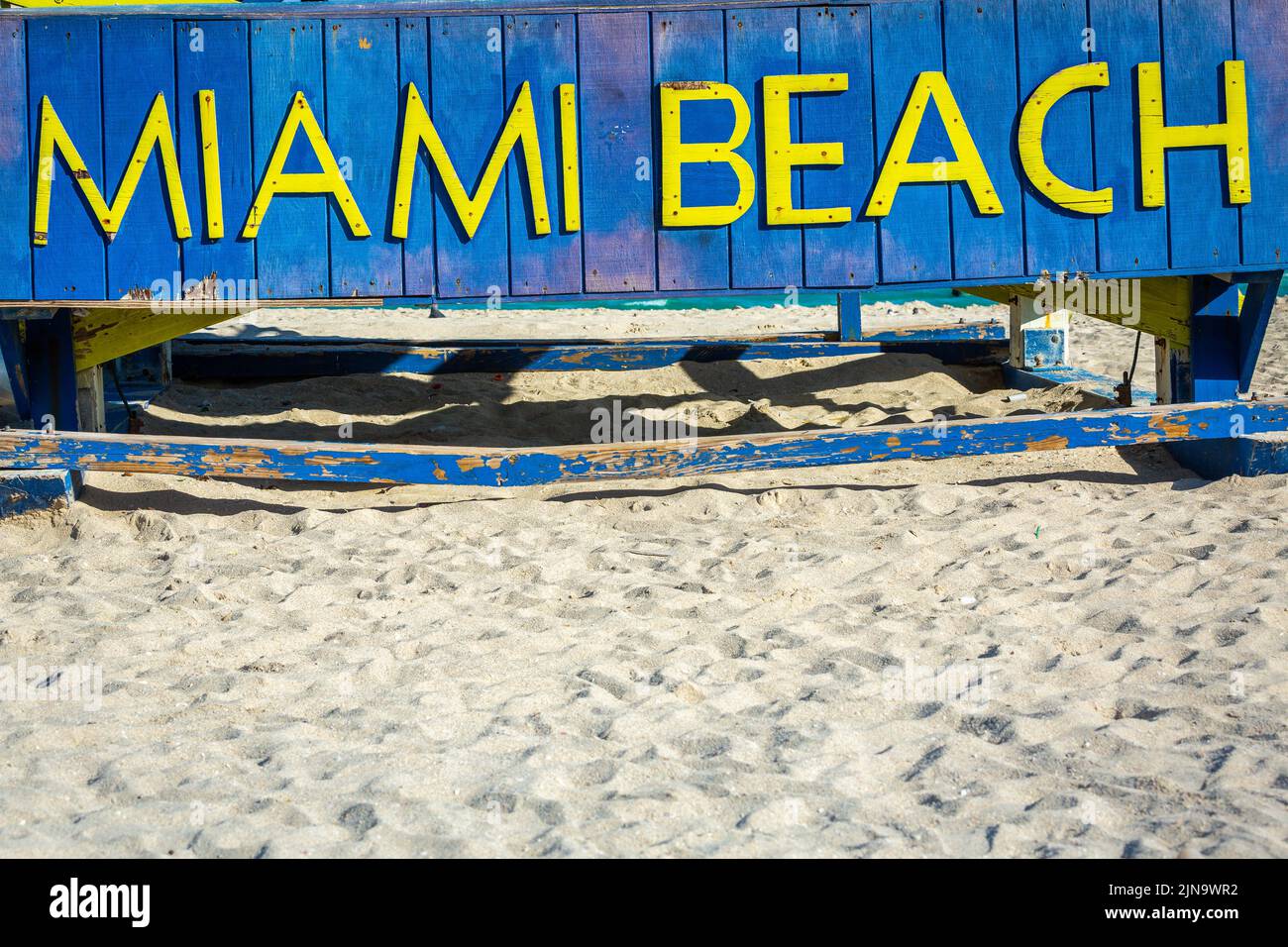 Miami Beach sign on wood lifeguard hut, South Beach, Florida Stock ...