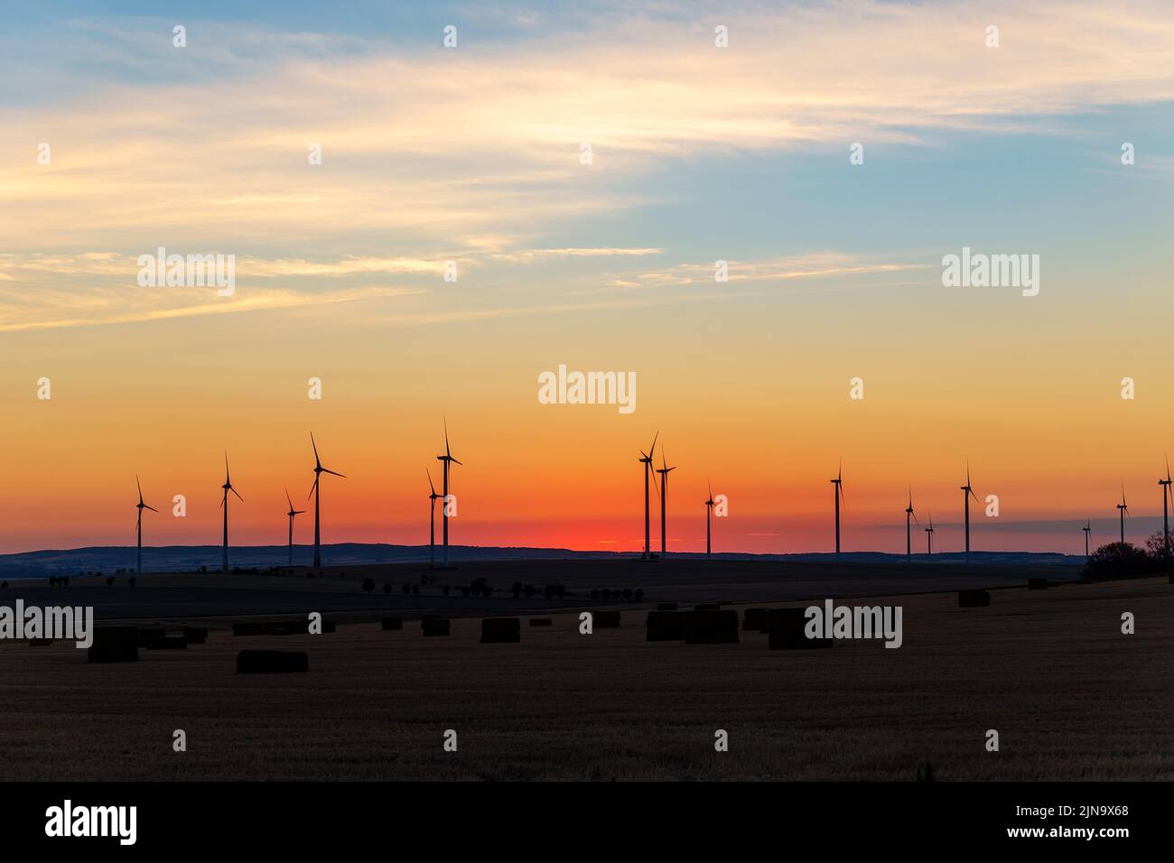 Panoramic scenic landscape view new modern wind turbine farm power ...