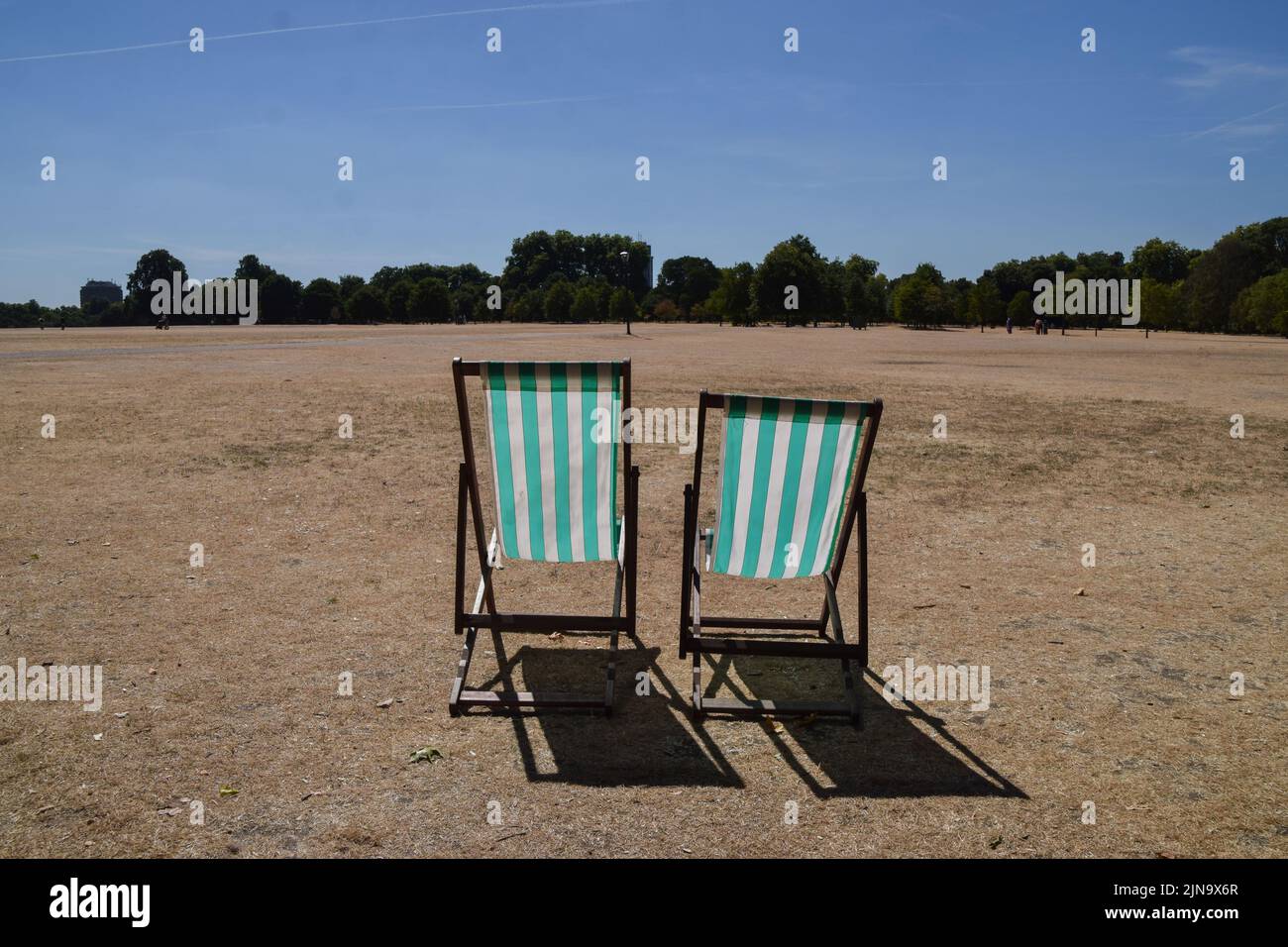 London, UK. 10th August 2022. Emoty deckchairs in a parched Hyde Park ...