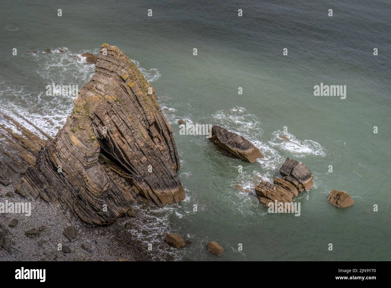 Blackchurch rock on the North Devon coast, England. Viewed from cliffs ...