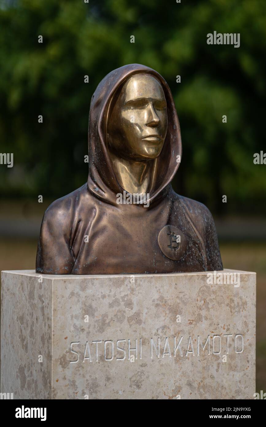 Budapest, Hungary -August 7, .2022: Portrait of the statue of Satoshi ...