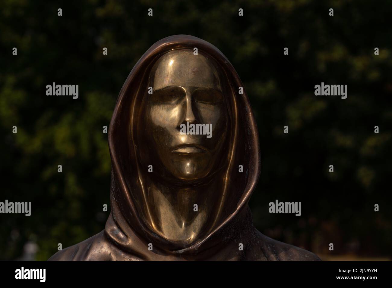 Budapest, Hungary -August 7, .2022: Portrait of the statue of Satoshi ...