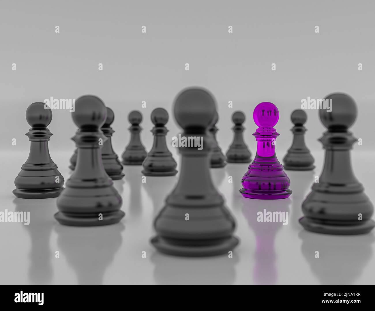 An purple chess pawn standing in the middle of another black chess pawn ...